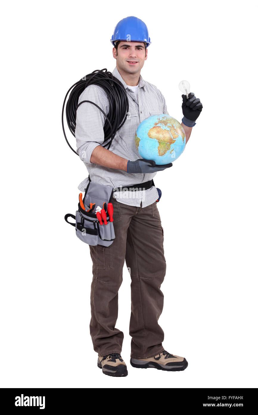 Electrician holding a globe and a light-bulb Stock Photo - Alamy