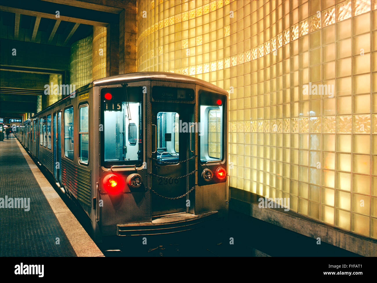 Subway station, train car & block glass walls at Chicago's O'Hare ...