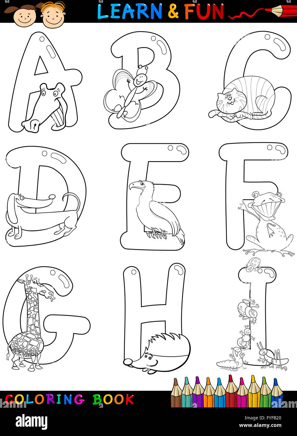 Cartoon Alphabet with Animals for coloring Stock Photo - Alamy