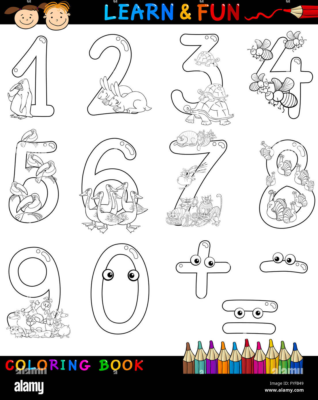 numbers with cartoon animals for coloring Stock Photo - Alamy