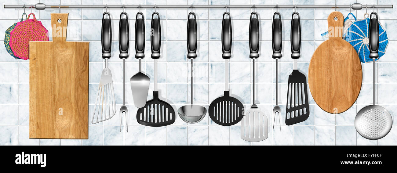 Horizontal set kitchen utensils Stock Photo - Alamy