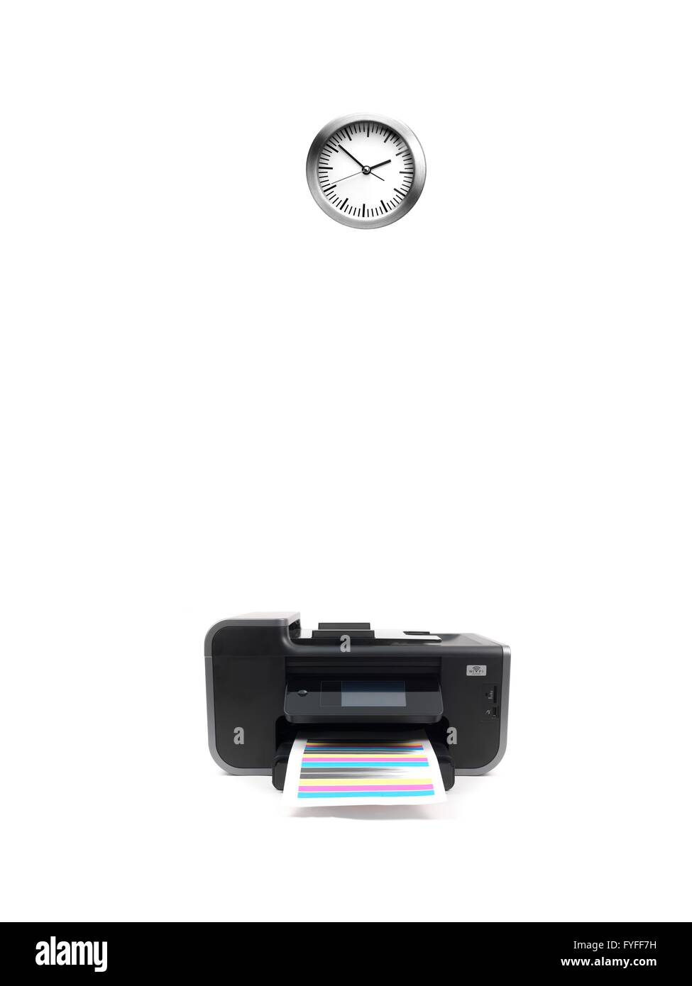 A desktop printer and clock isilated on white Stock Photo - Alamy