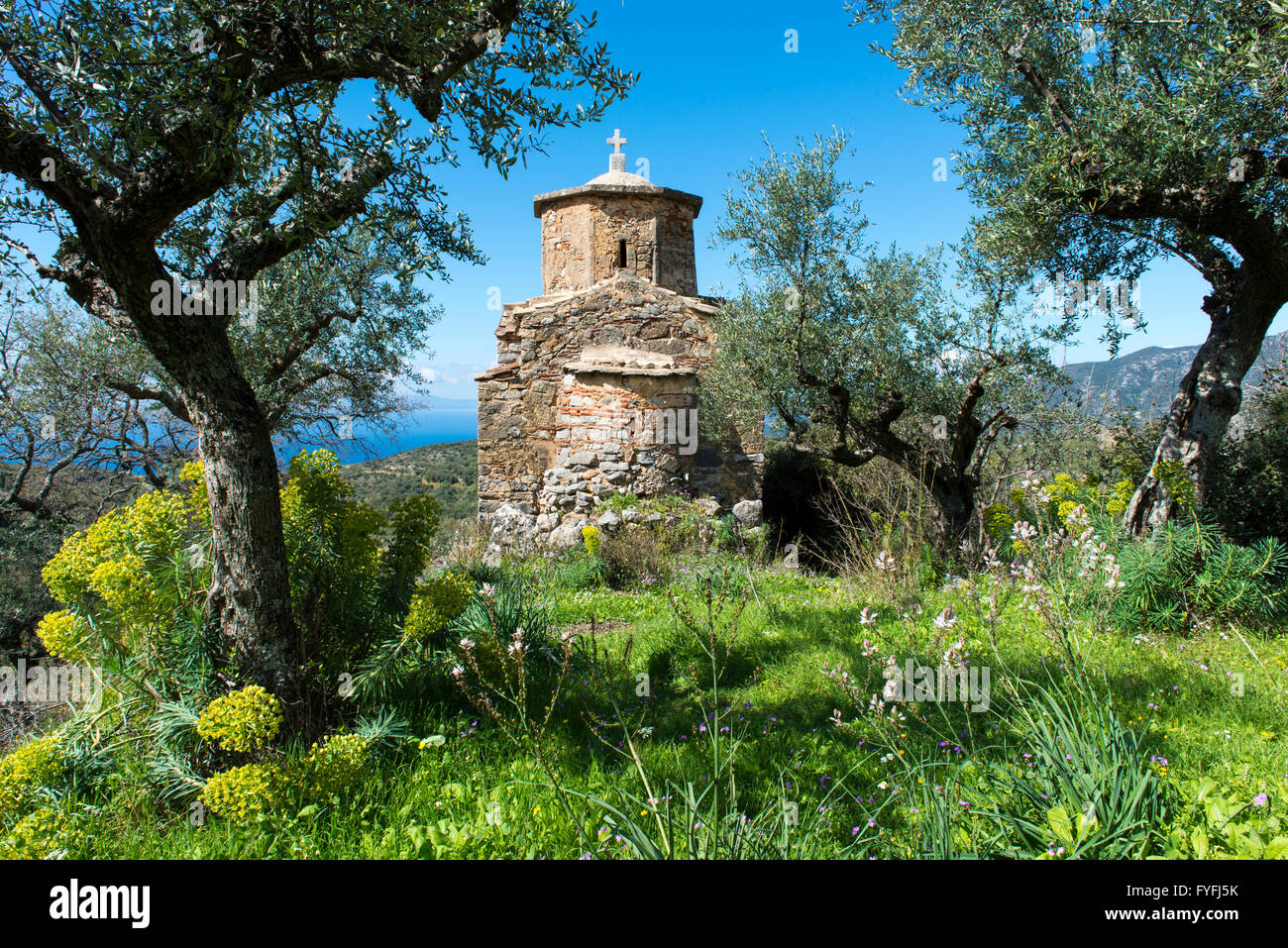 Small Greek Orthodox Church in a mountain village on the coast ...