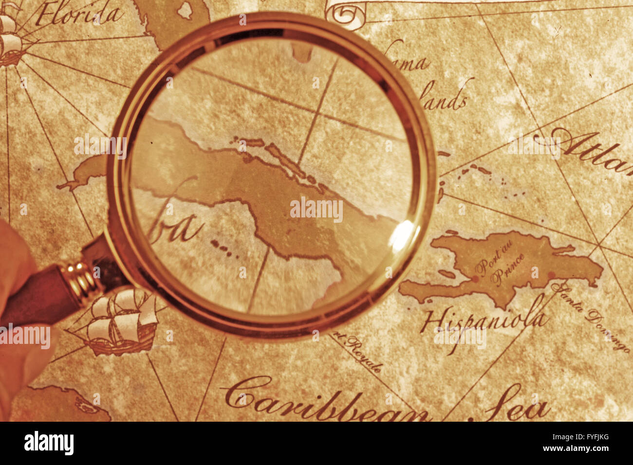 An Magnifier on a Treasure map Stock Photo - Alamy