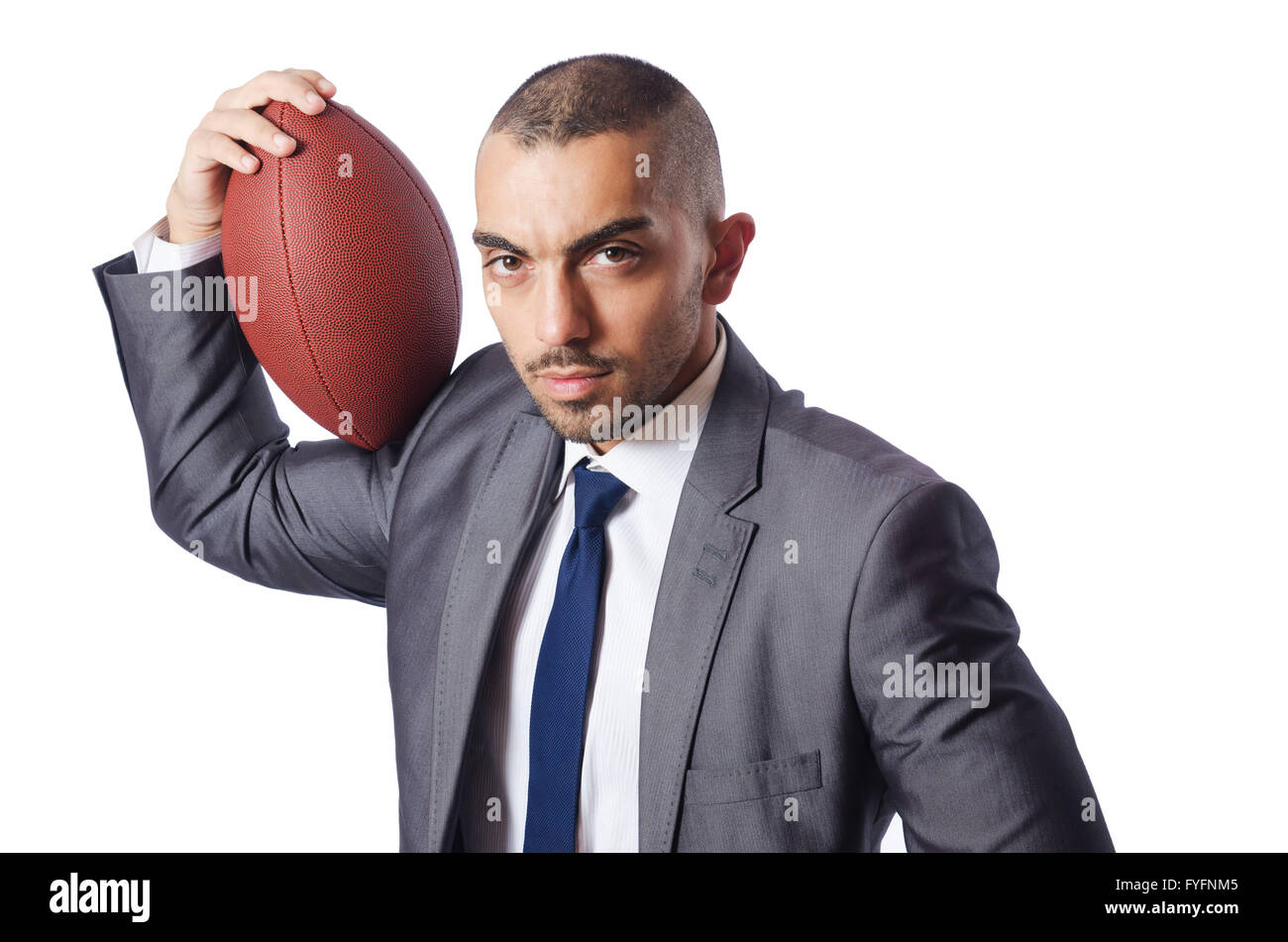 Man with american football ball isolated on white Stock Photo - Alamy