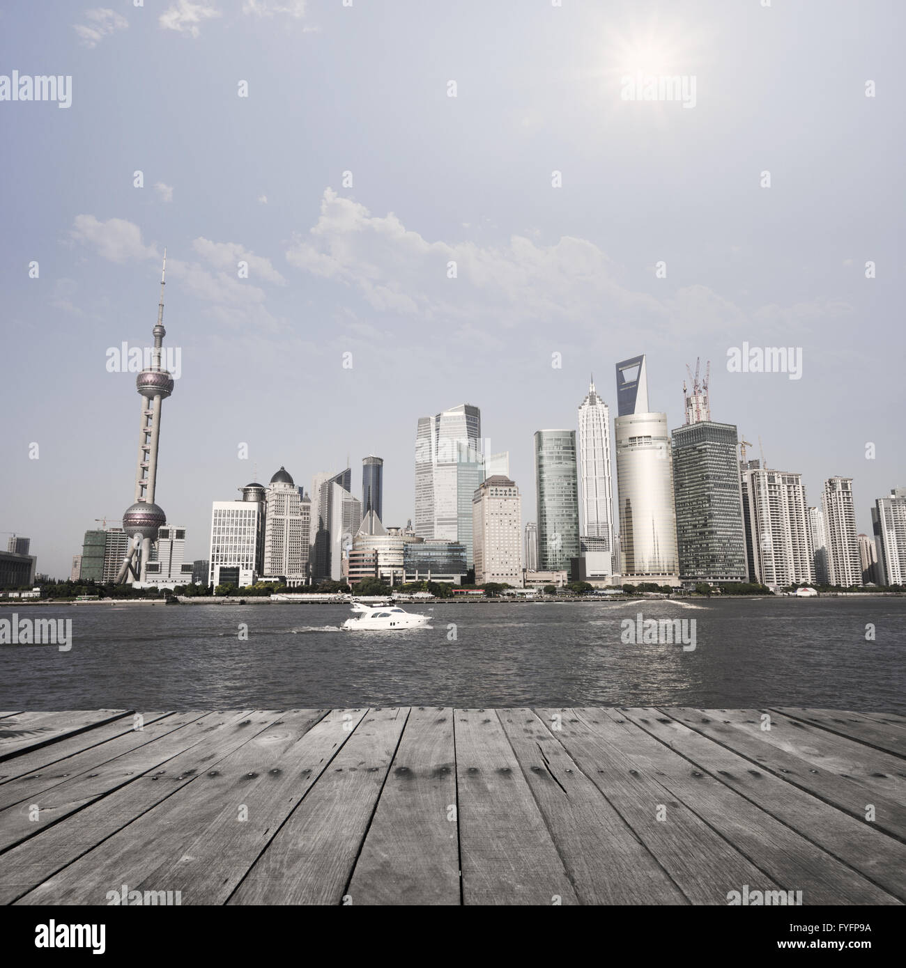 landscape of shanghai with wooden floor Stock Photo - Alamy