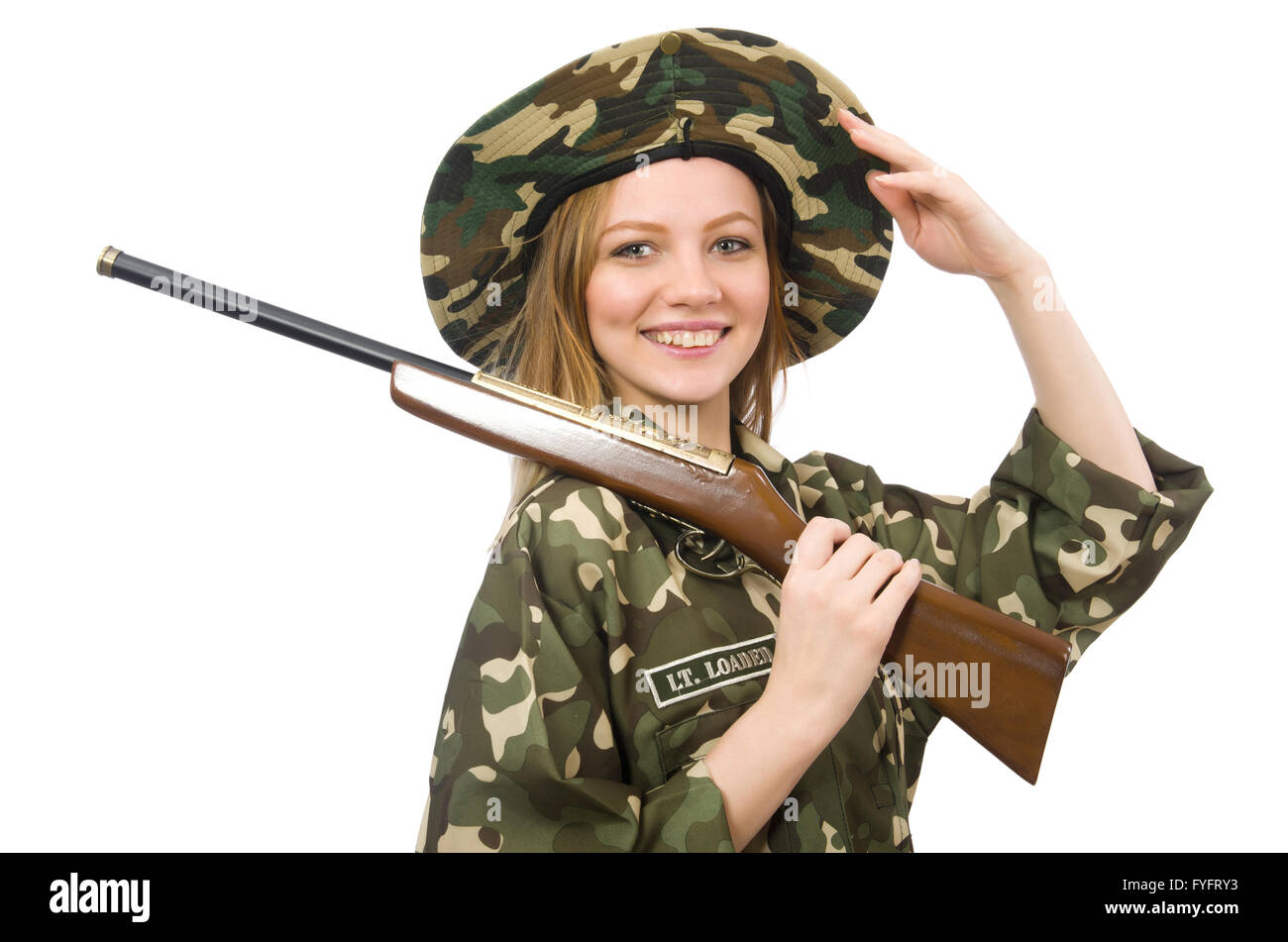 Girl in military uniform holding the gun isolated on white Stock Photo ...