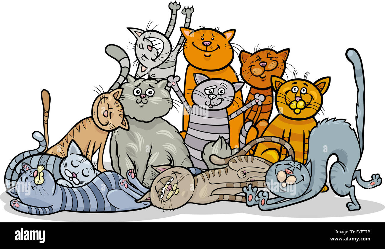 happy cats group cartoon illustration Stock Photo - Alamy