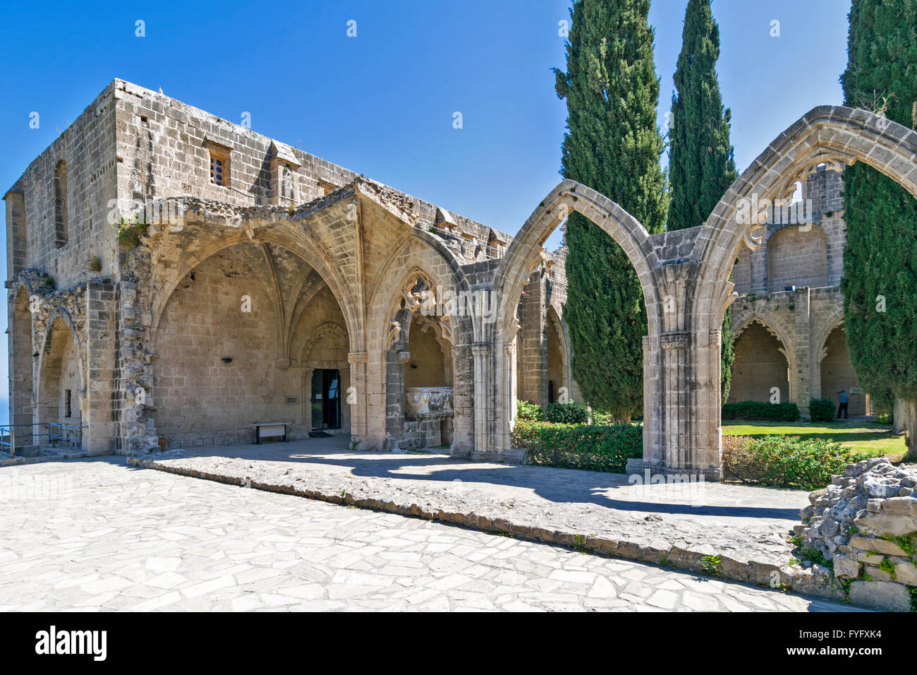 NORTH CYPRUS BELLAPAIS MONASTERY OR ABBEY SHOWING ARCHES AND DOOR INTO ...