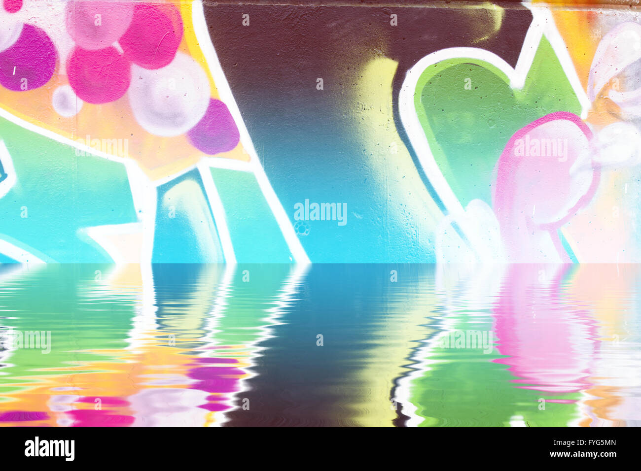 Graffiti wall texture reflection in water, artistic urban picture Stock ...
