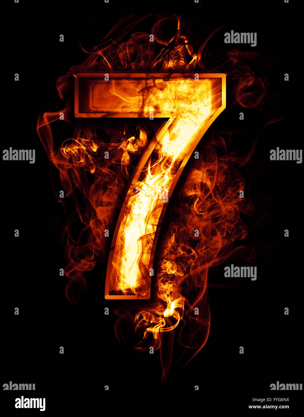 seven, illustration of number with chrome effects and red fire on black ...