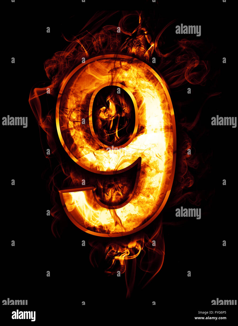 nine, illustration of number with chrome effects and red fire on black ...