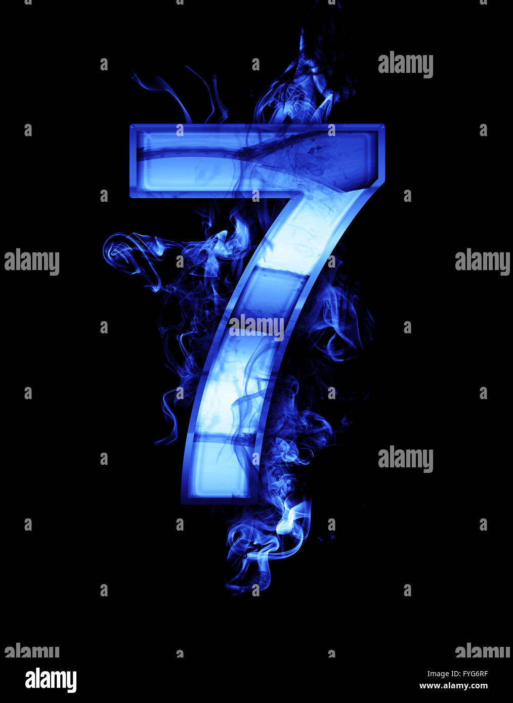 seven, illustration of number with chrome effects and blue fire on ...
