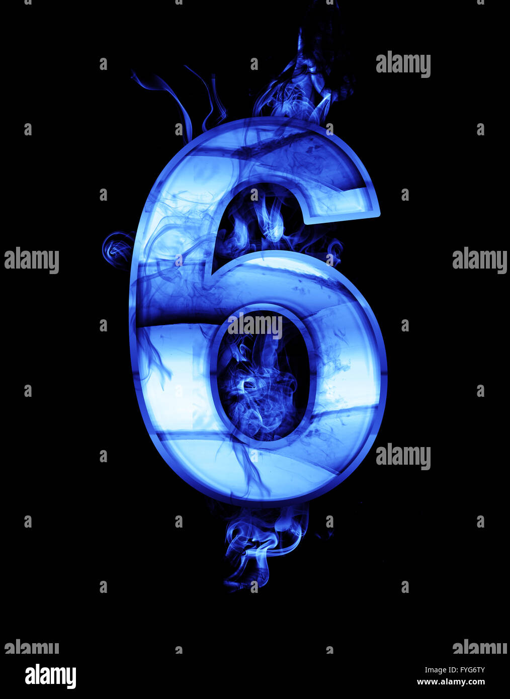 six, illustration of number with chrome effects and blue fire on black ...