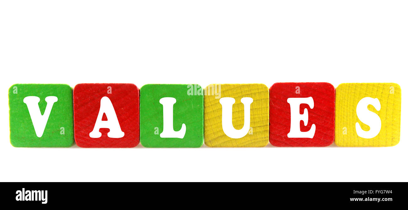 values - isolated text in wooden building blocks Stock Photo - Alamy