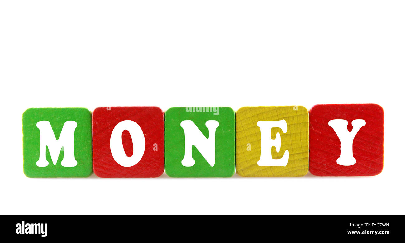 money - isolated text in wooden building blocks Stock Photo - Alamy