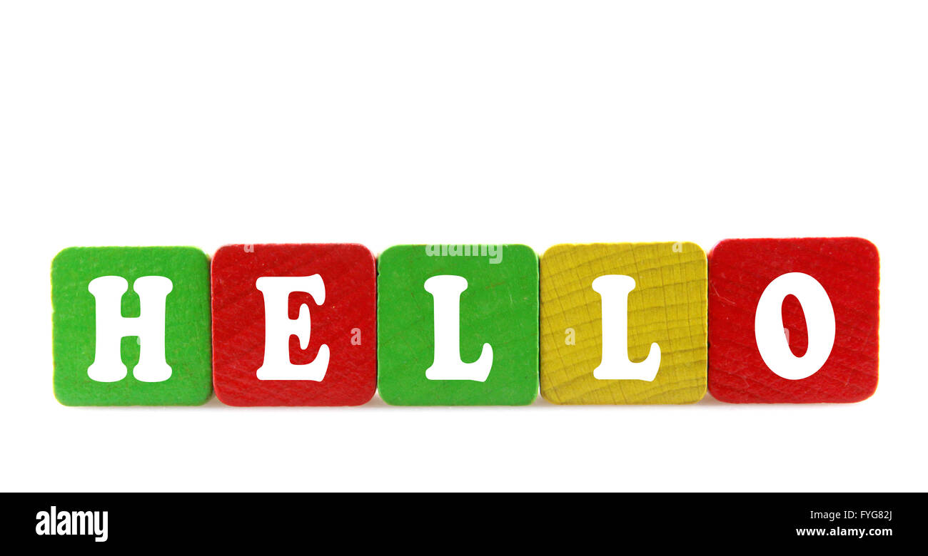 hello - isolated text in wooden building blocks Stock Photo - Alamy