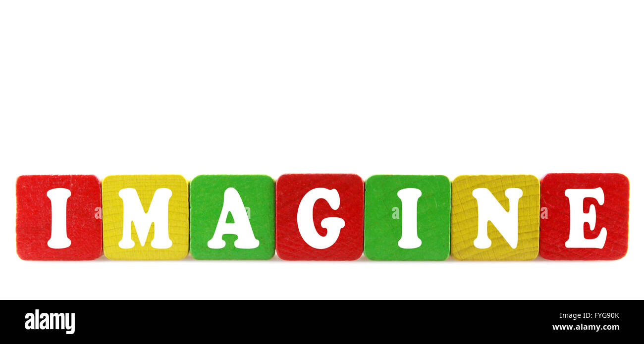 imagine - isolated text in wooden building blocks Stock Photo - Alamy