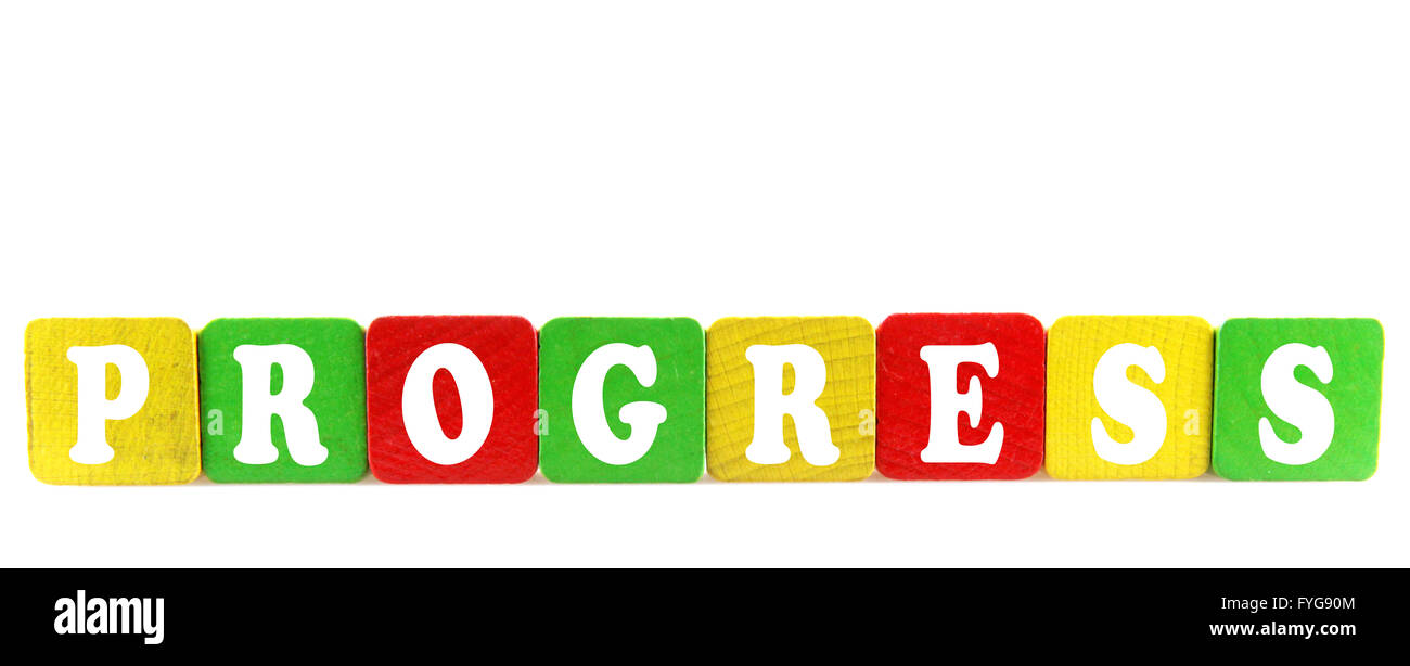 progress - isolated text in wooden building blocks Stock Photo - Alamy