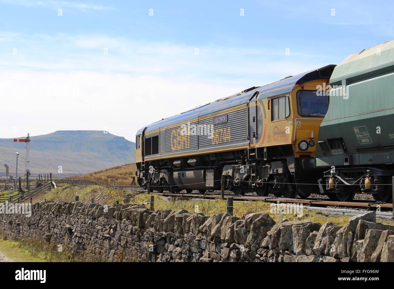 Class 66 diesel locomotive, 66744 Crossrail, with stone train in Blea ...