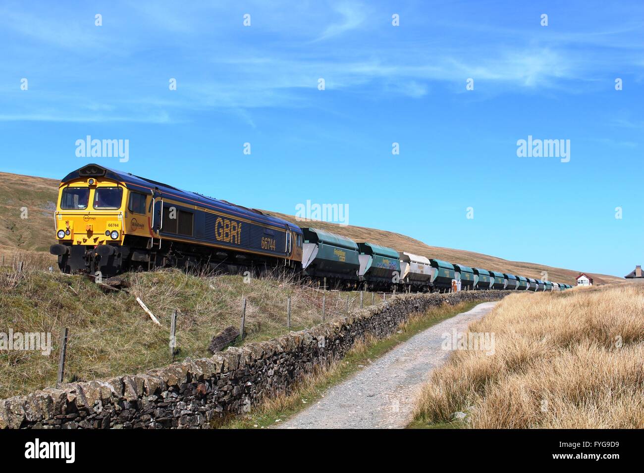 Class 66 diesel locomotive, 66744 Crossrail, with stone train in Blea ...