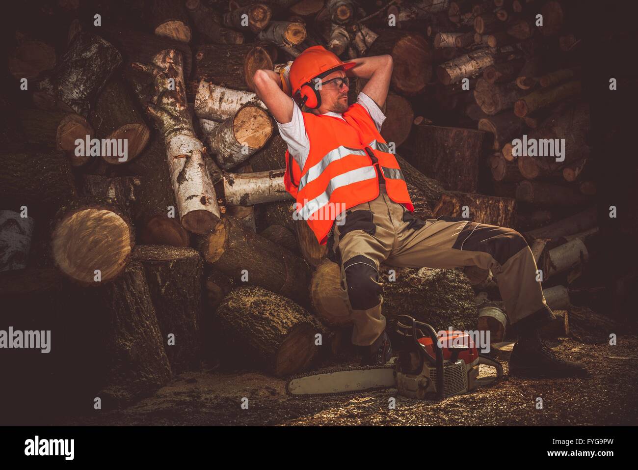 Lumber Wood Worker Break. Satisfied Lumber Worker Laying on the Pile of ...