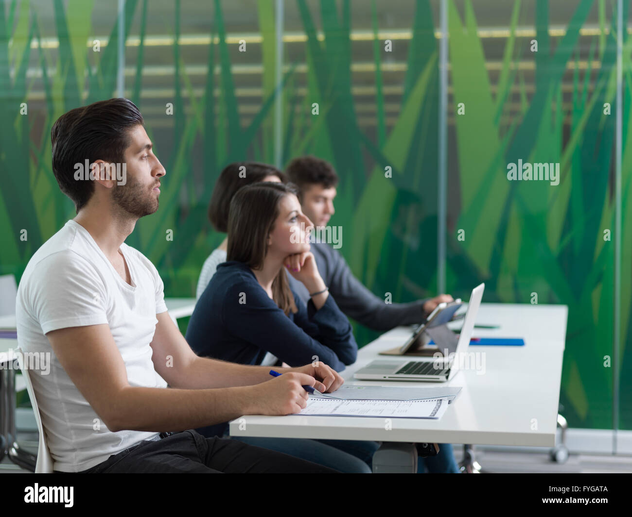 students group study together in school classroom and working together ...