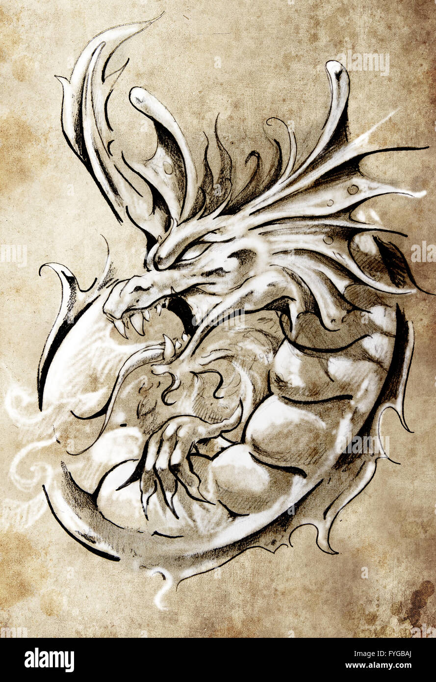 Sketch of tattoo art, medieval dragon, vintage style Stock Photo - Alamy