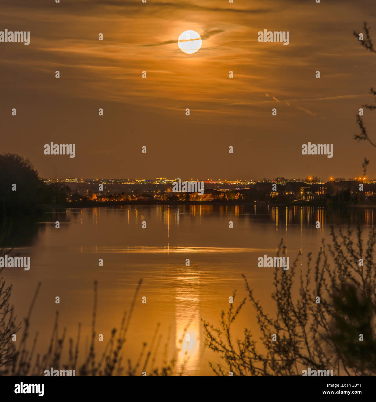 Full Moon Night - Bright full moon shining over a lake-side ...