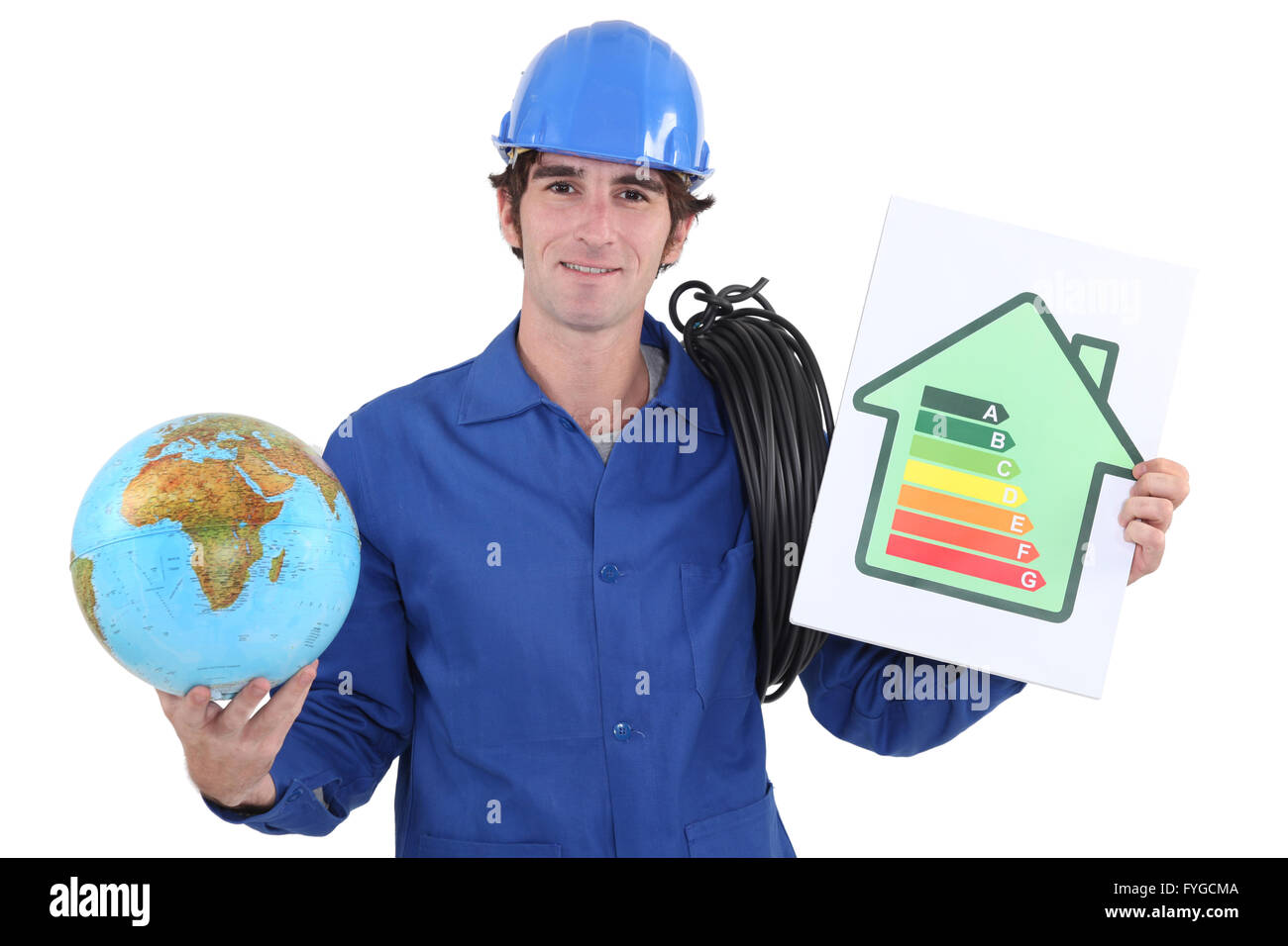 Electrician with a globe and an energy rating sign Stock Photo - Alamy