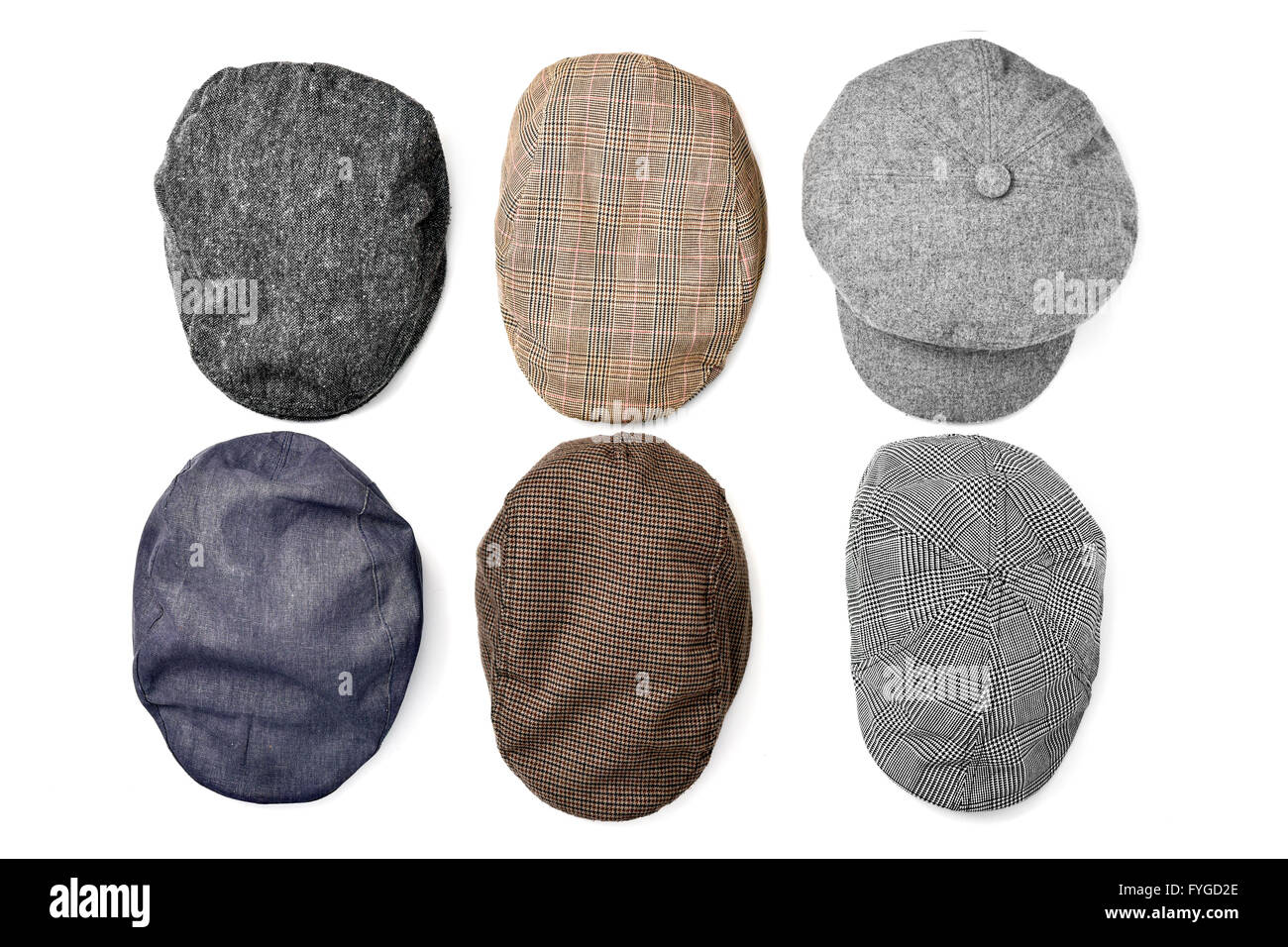 high-angle shot of different caps on a white background Stock Photo - Alamy