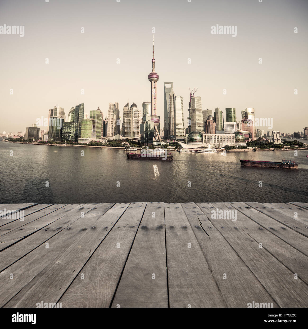 landscape of shanghai with wooden floor Stock Photo - Alamy