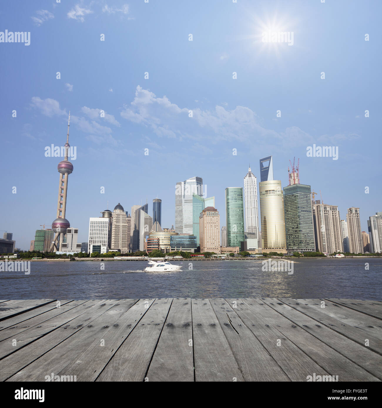 landscape of shanghai with wooden floor Stock Photo - Alamy