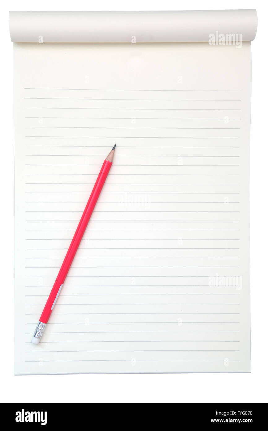 yellow paper for reading with pencil isolated on white Stock Photo - Alamy
