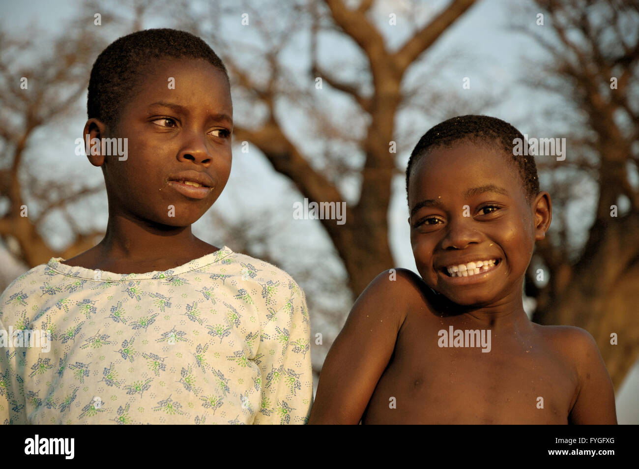 Portrait of two african kids in Chembe village, Cape Maclear, Malawi ...