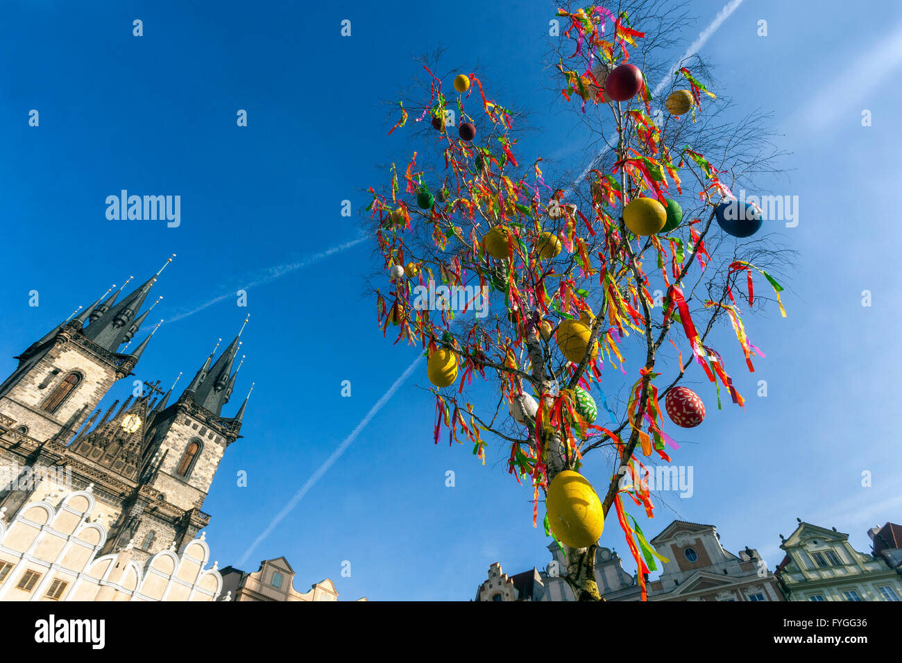 Easter tree with eggs on Old Town Square, Tyn church Prague, Czech ...