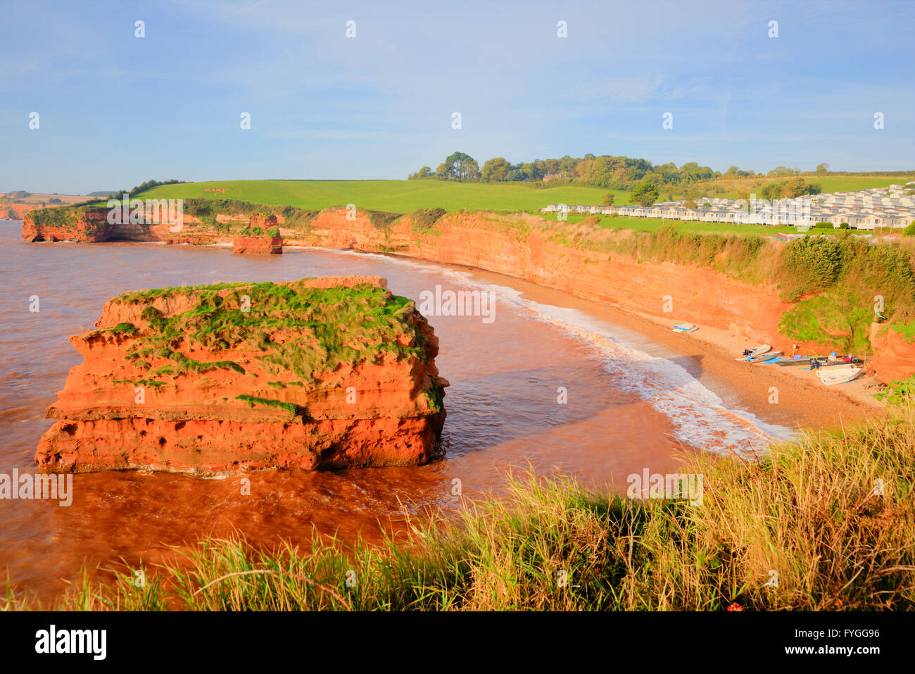 Ladram Bay beach Devon England UK with red sandstone rock stack located ...