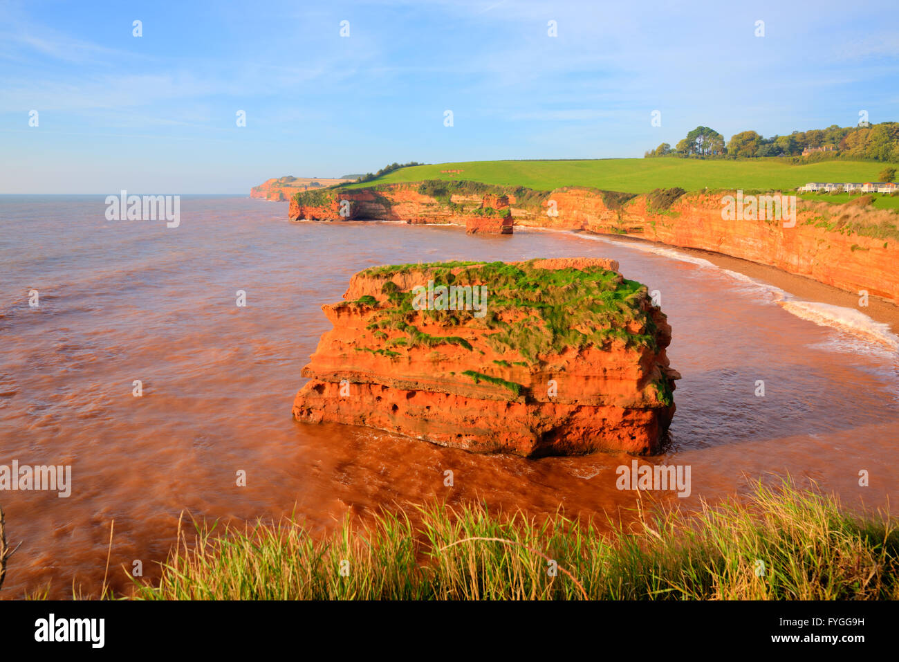 Ladram Bay beach Devon England UK with red sandstone rock stack located ...