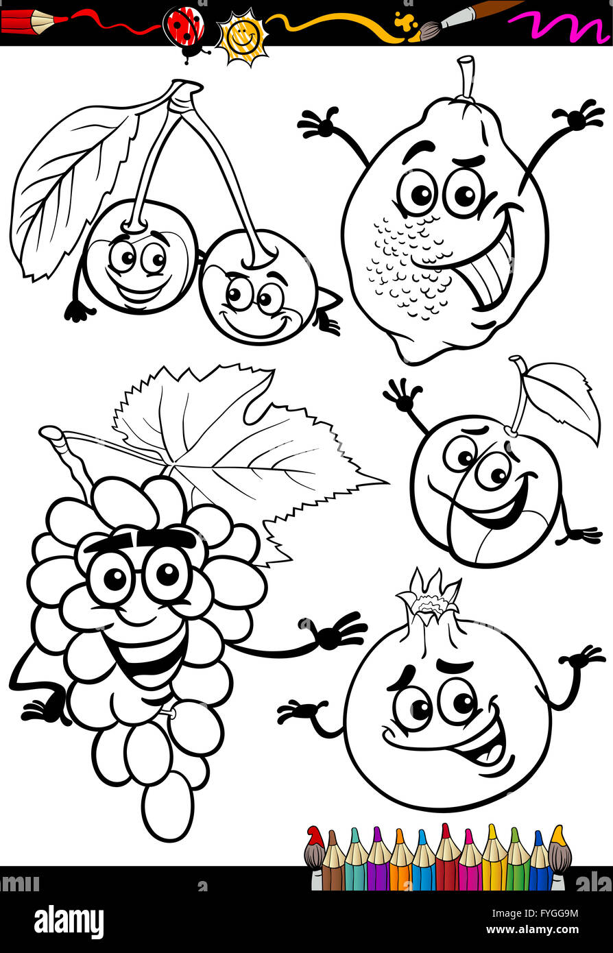cartoon fruits set for coloring book Stock Photo - Alamy