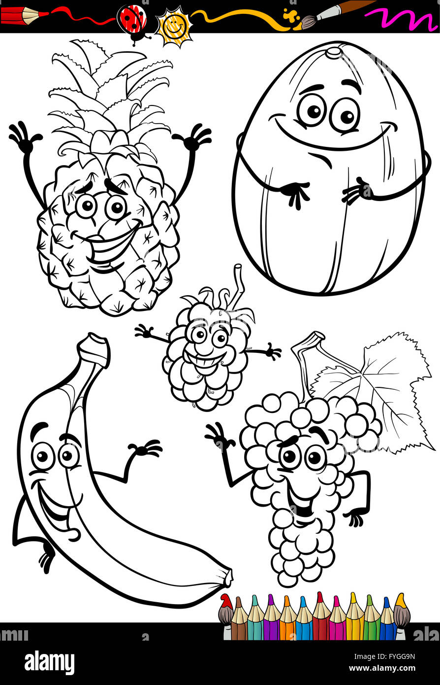cartoon fruits set for coloring book Stock Photo - Alamy
