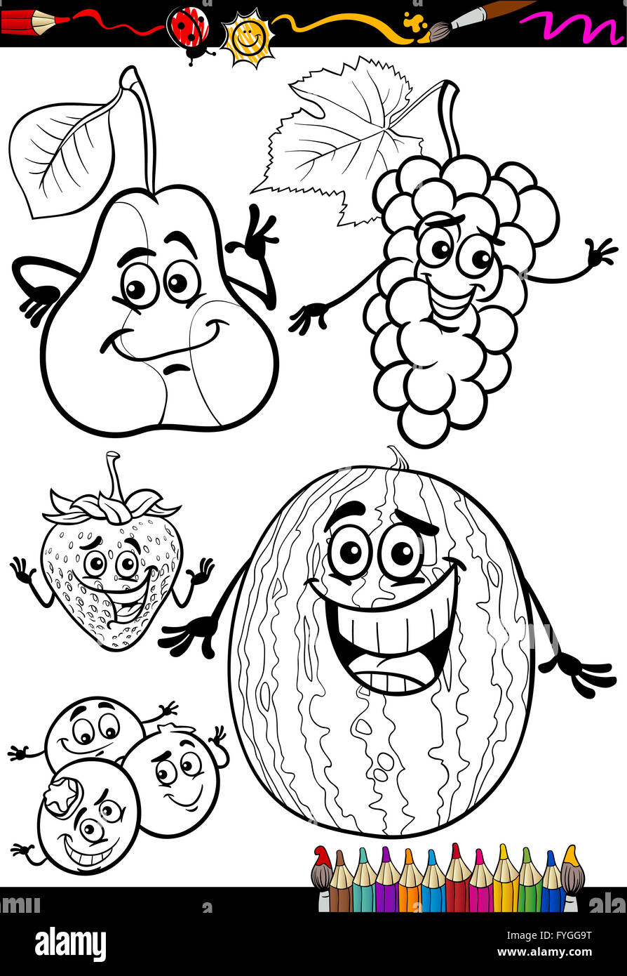 cartoon fruits set for coloring book Stock Photo - Alamy