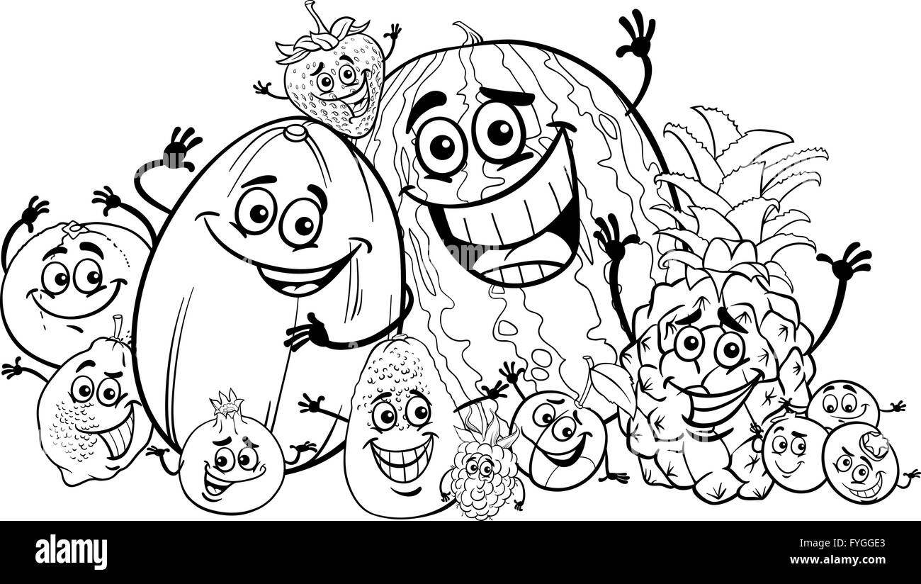 funny fruits cartoon for coloring book Stock Photo - Alamy