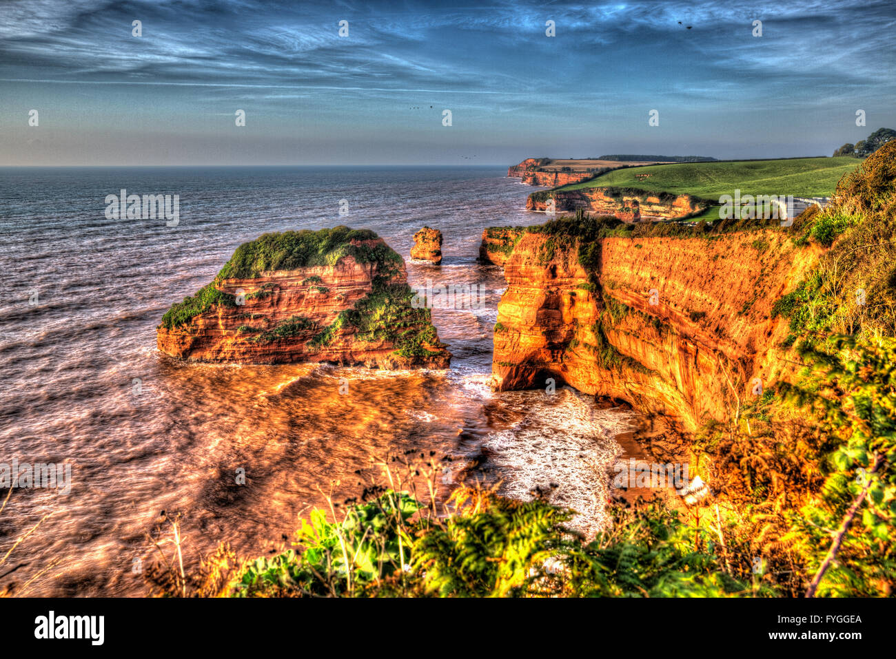 Sandstone rock stacks UK Jurassic coast Ladram Bay Devon England UK ...