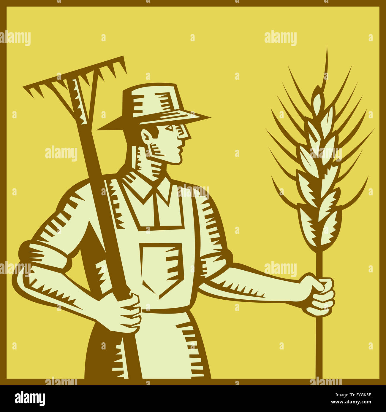 Farmer With Rake and Wheat Woodcut Stock Photo - Alamy