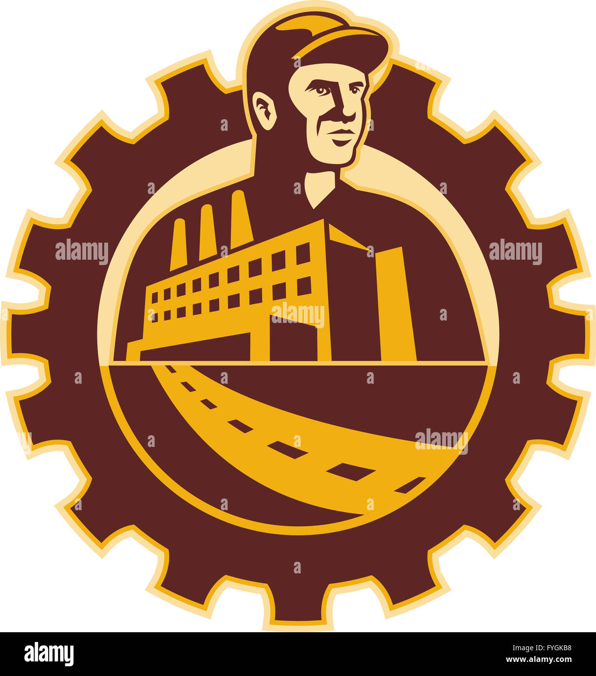 Factory Worker Mechanic With Cog Building Stock Photo - Alamy