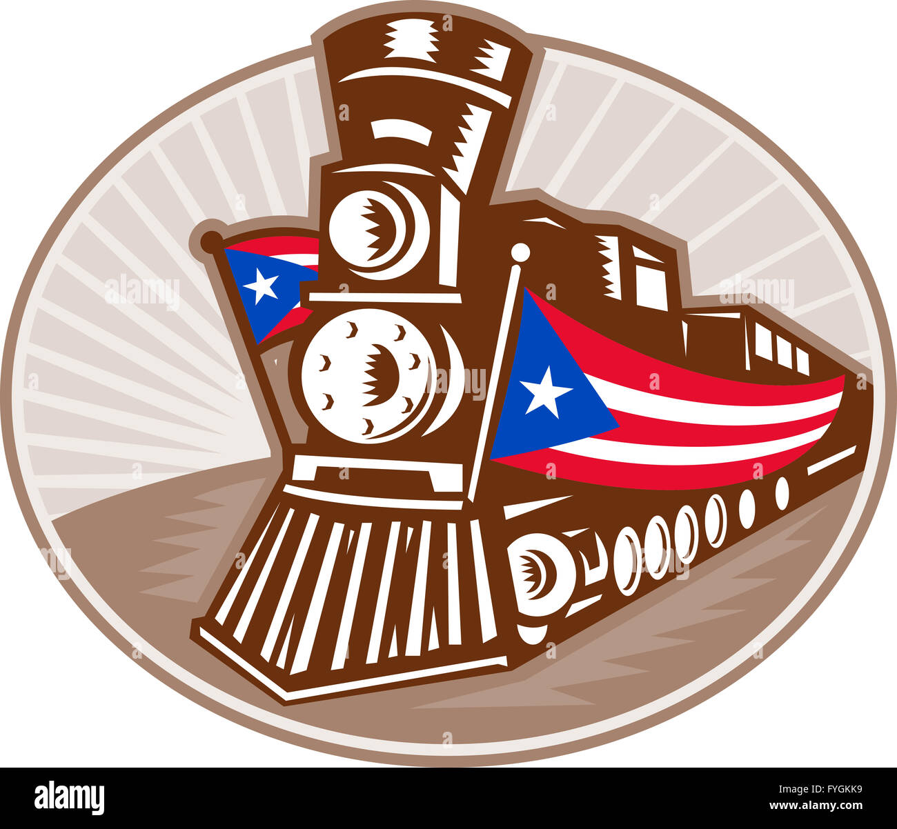 Steam Train Locomotive With American Flag Stock Photo - Alamy