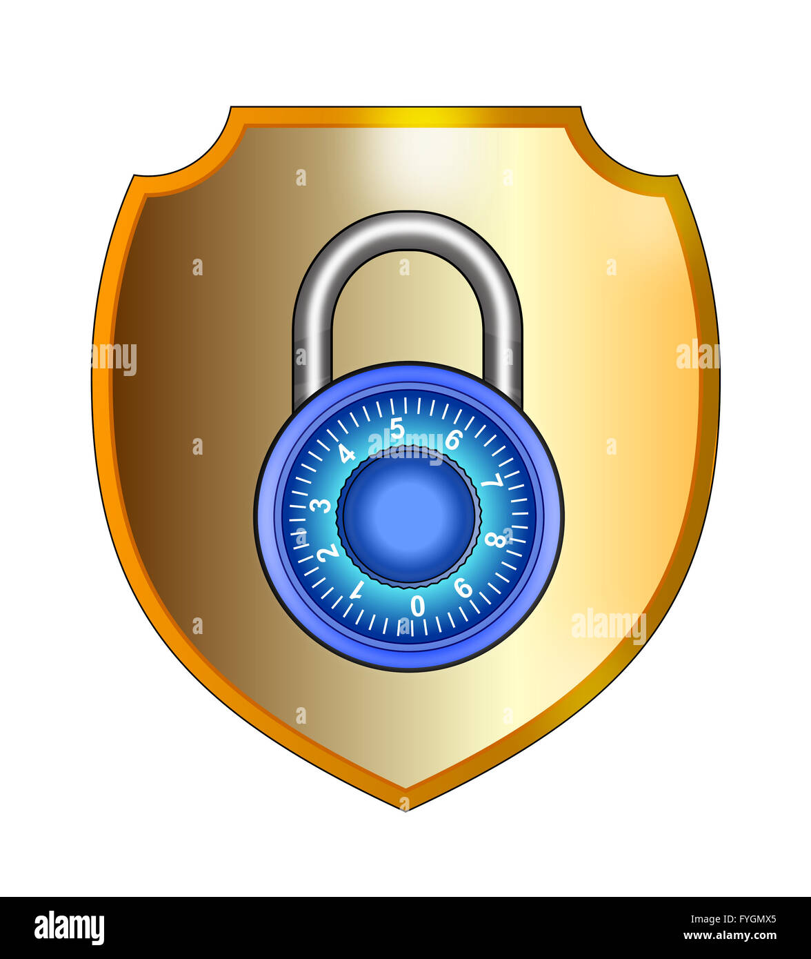 Blue Padlock In Gold Shield Stock Photo - Alamy