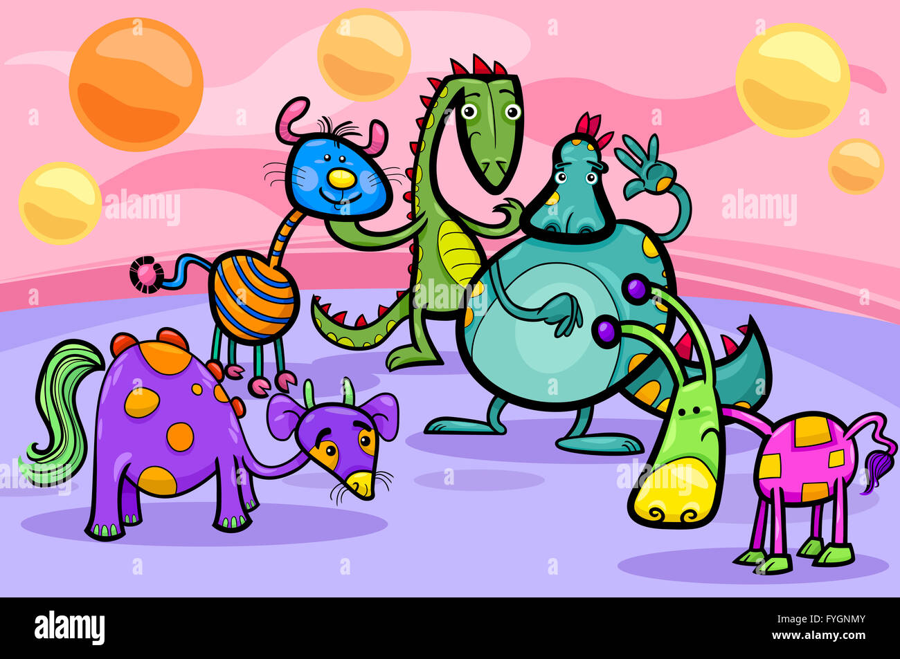 fantasy creatures group cartoon illustration Stock Photo - Alamy