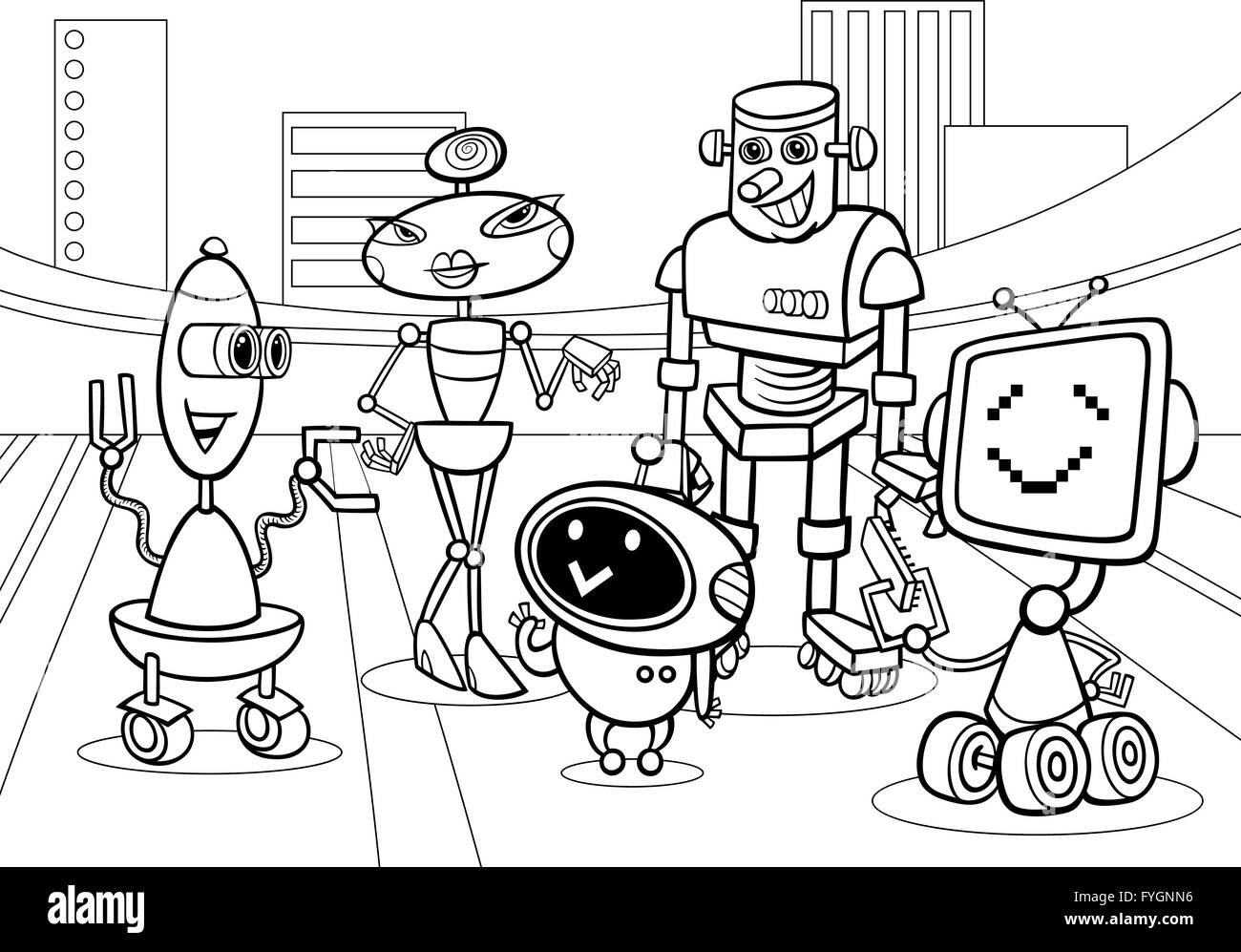 robots group cartoon coloring page Stock Photo - Alamy