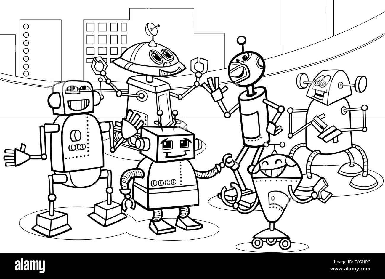 robots group cartoon coloring page Stock Photo - Alamy